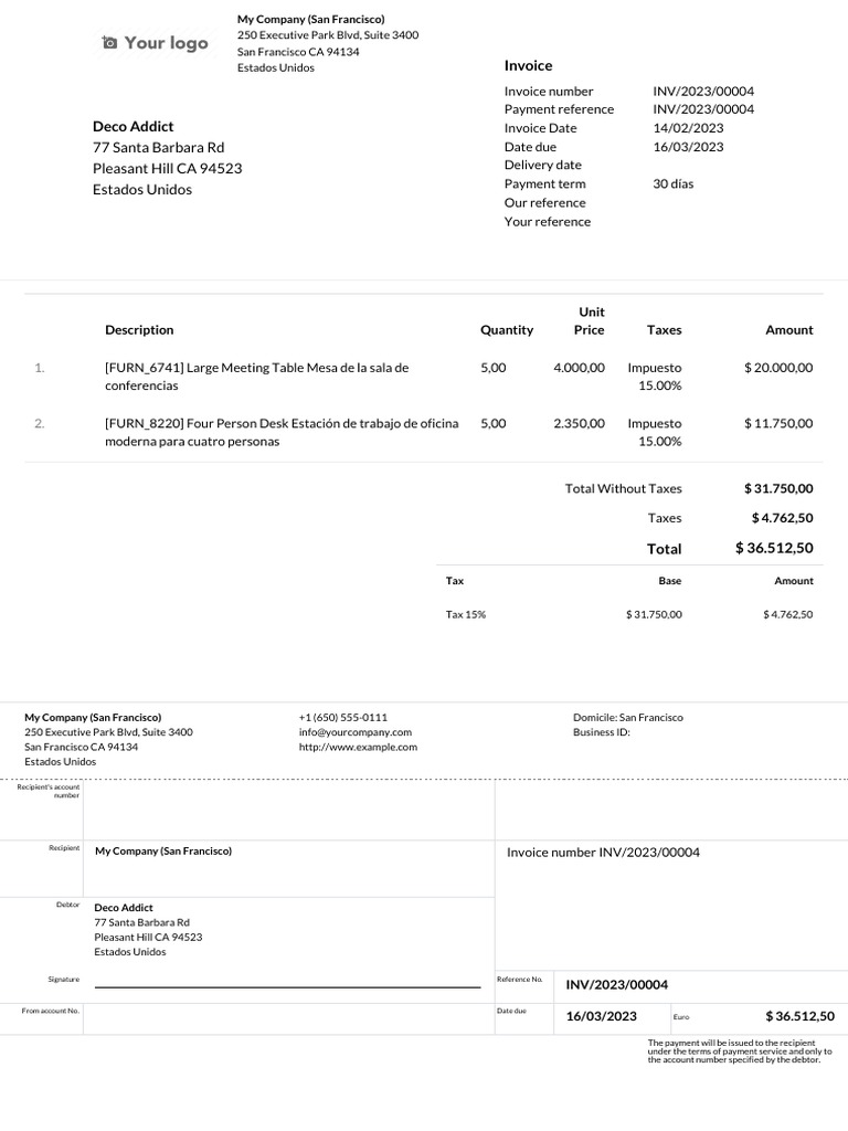 Invoice INV - 2023 - 00004 My Company (San Francisco) Deco Addict | PDF