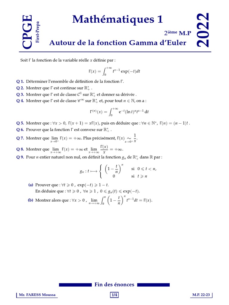 Fonction Gamma d'Euler en M.P. | PDF | Limite (mathématiques ...