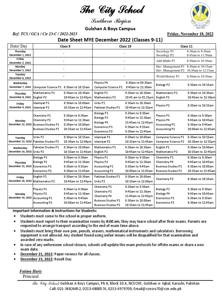 MYE 2022-23 O Level Date Sheet | PDF | Science