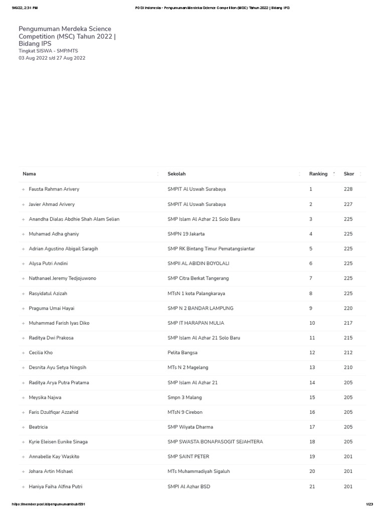 POSI Indonesia - Pengumuman Merdeka Science Competition (MSC) Tahun ...