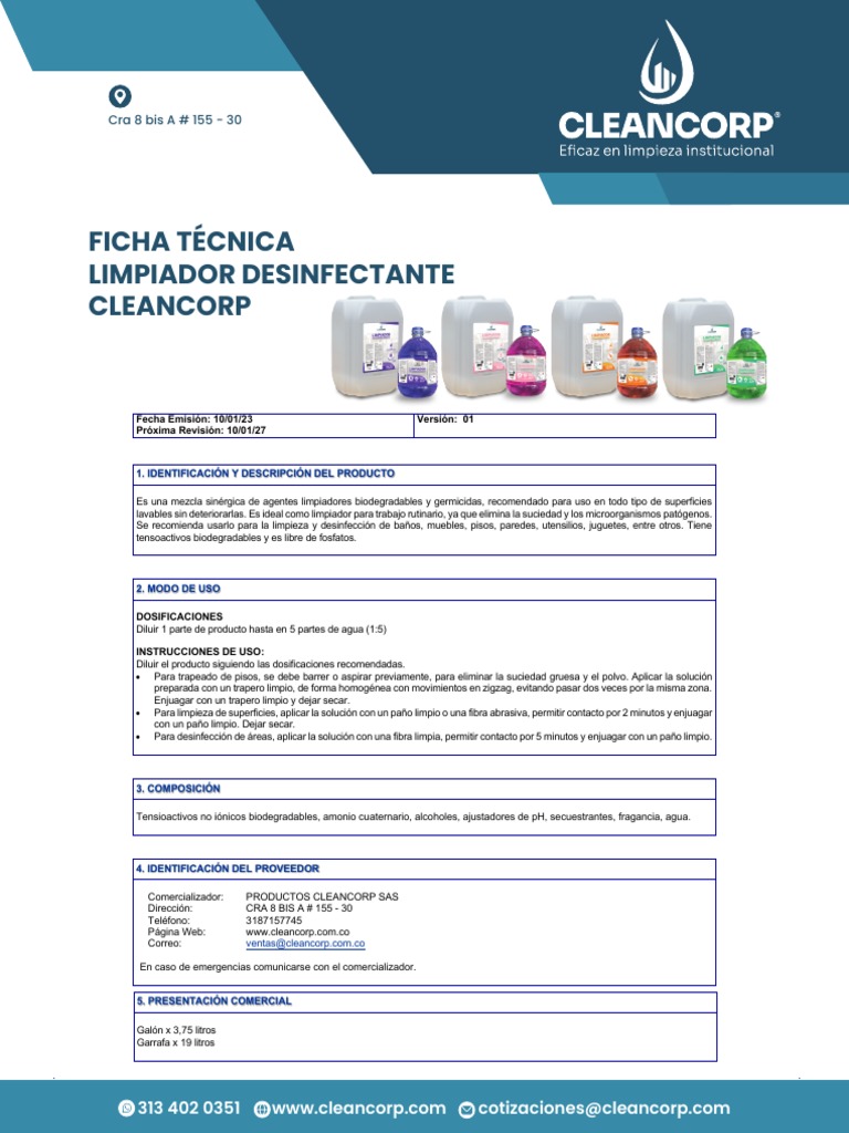 Ficha Tecnica Limpiador Desinfectante Cleancorp | PDF