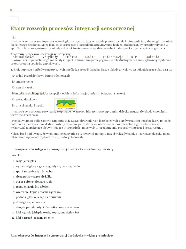 Etapy Rozwoju Procesów Integracji Sensorycznej - Poradnia W Czerwinie | PDF