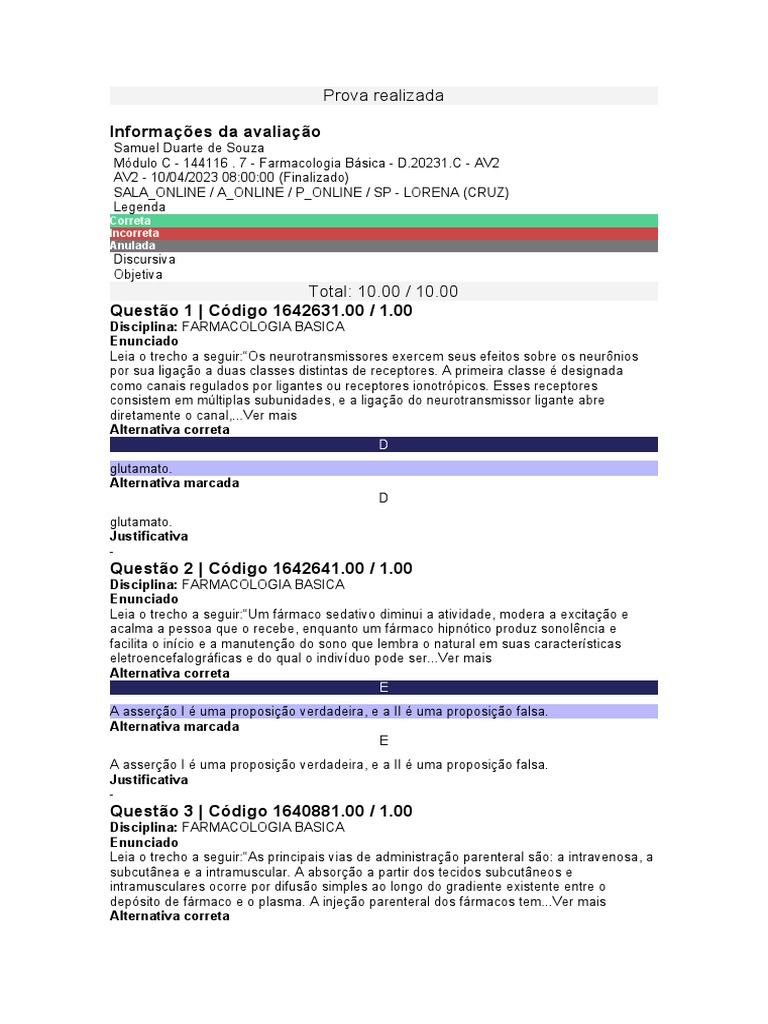 Prova Realizada_Farmacologia Básica - D.20231.C - AV2 | PDF