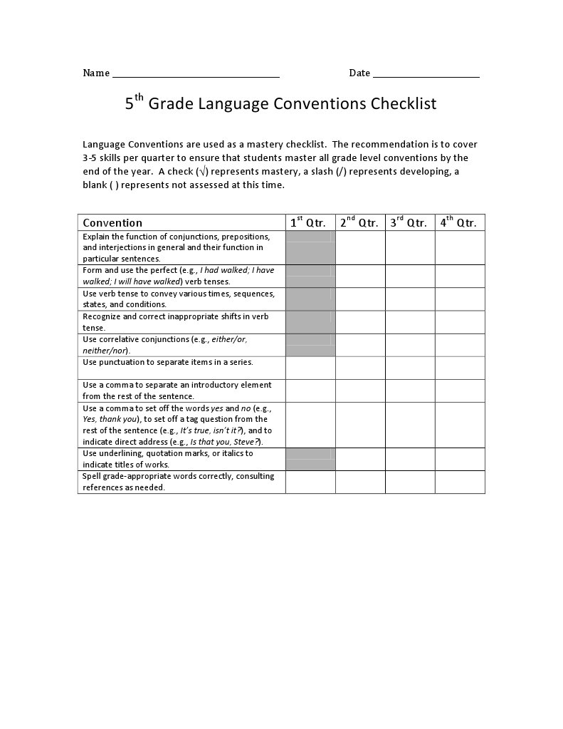5th Grade Language Conventions Checklist | PDF | Career & Growth ...