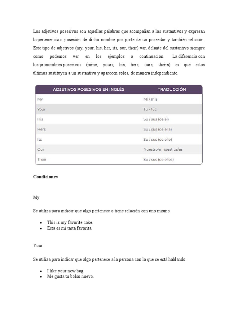 Guía de Adjetivos Posesivos en Inglés | PDF | Adjetivo | Sustantivo