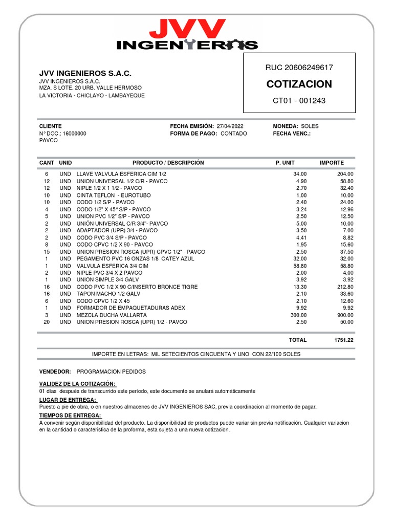Cotización de Productos de Plomería JVV | PDF
