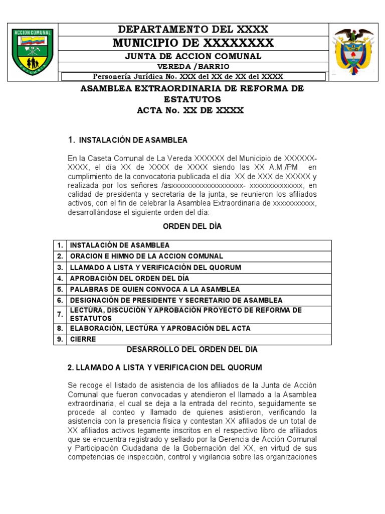 Acta de Asamblea Extraordinaria Modificacion de Estatutos de Una Junta de Accion Comunal | PDF ...