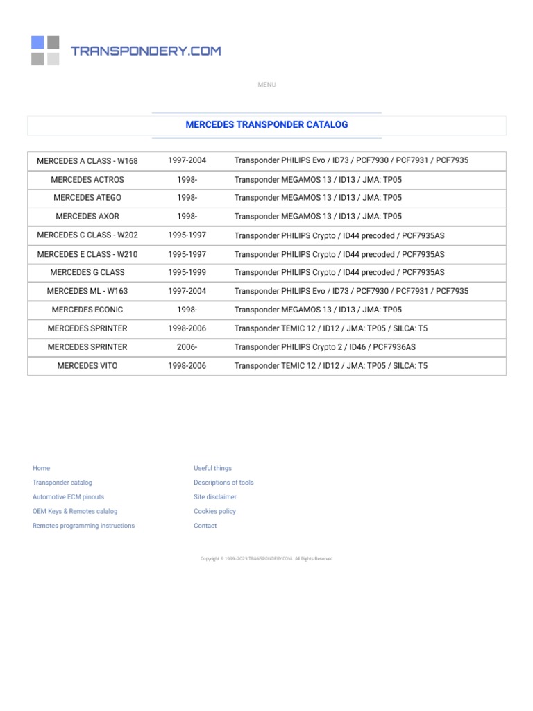 MERCEDES Transponder Chip Catalog | PDF