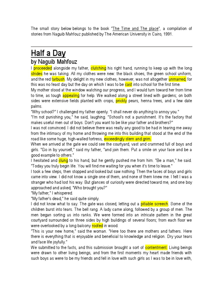 Naguib Mahfouz's "Half a Day" Summary | PDF | Art