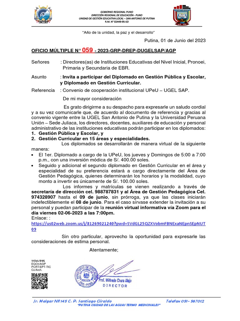 Oficio Multiple #059 2023 Diplomado UPeU | PDF