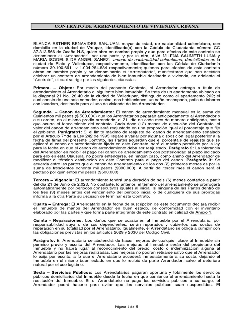 CONTRATO ARRIENDO Apto Casa Universidad 2023 | PDF | Consentimiento | Ley de obligaciones