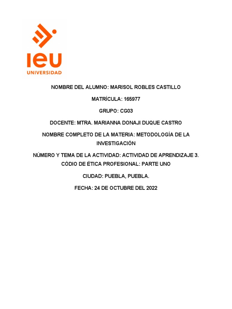 Actividad de Aprendizaje 3. Códio de Ética Profesional Parte Uno | PDF ...