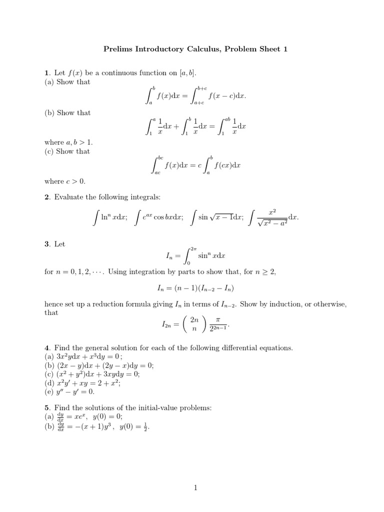 (Calculus Oxford) Problem Sheet 01 | PDF