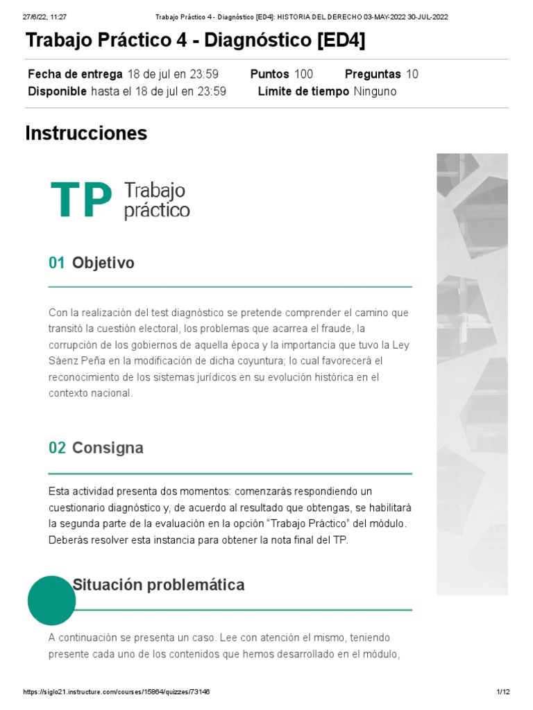 Trabajo Práctico 4 - Diagnóstico (ED4) - HISTORIA DEL DERECHO 03-MAY-2022 30-JUL-2022 | PDF ...