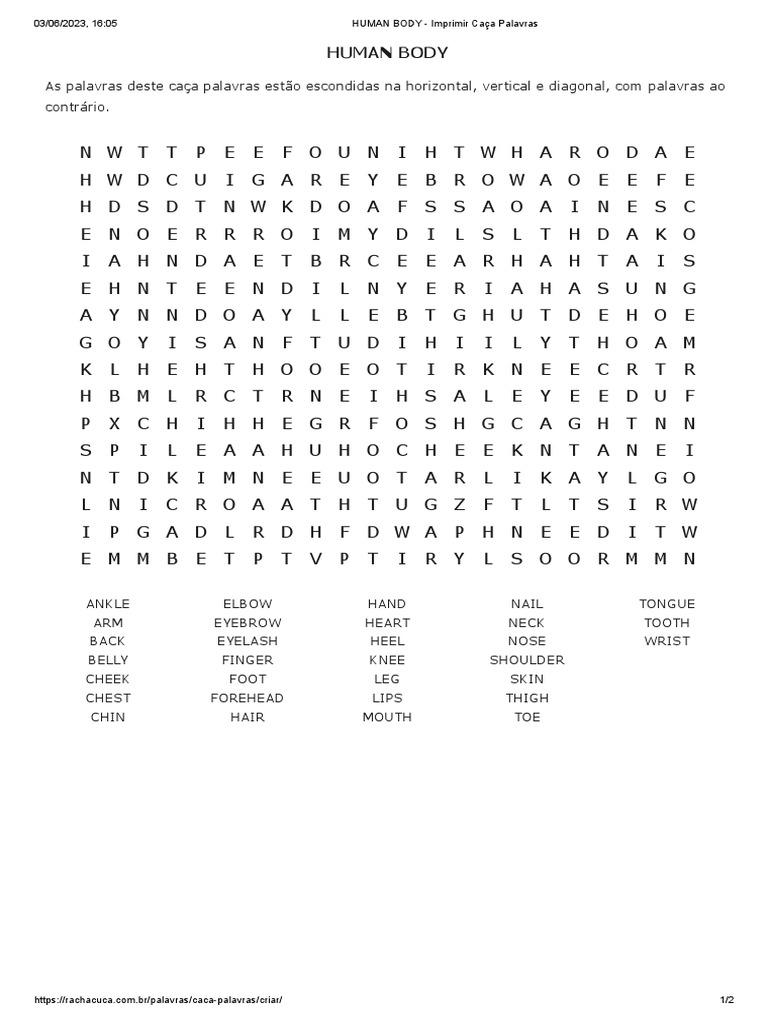 HUMAN BODY - Imprimir Caça Palavras | PDF