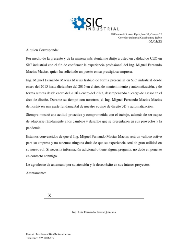 Carta de Experiencia Profesional | PDF