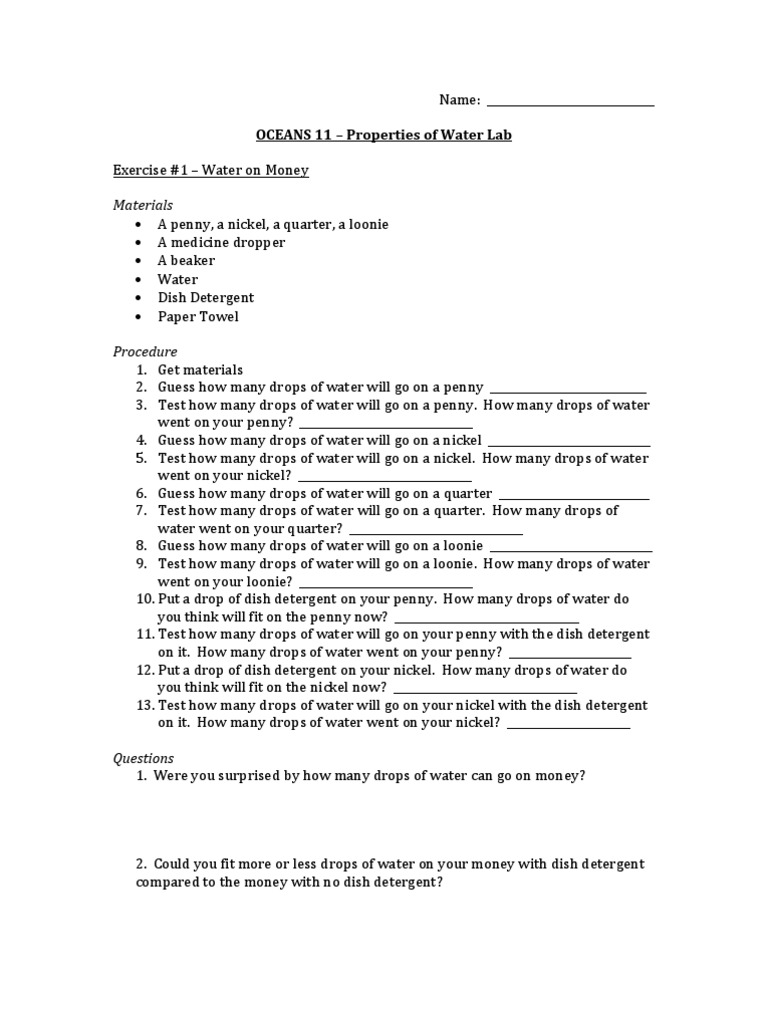 Water Properties Lab Activities | PDF | Properties Of Water | Coffee
