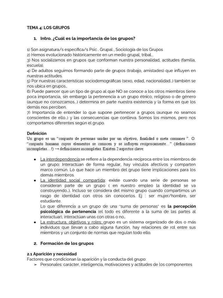Tema 4. Grupos | PDF | Cohesión grupal | Estatus social