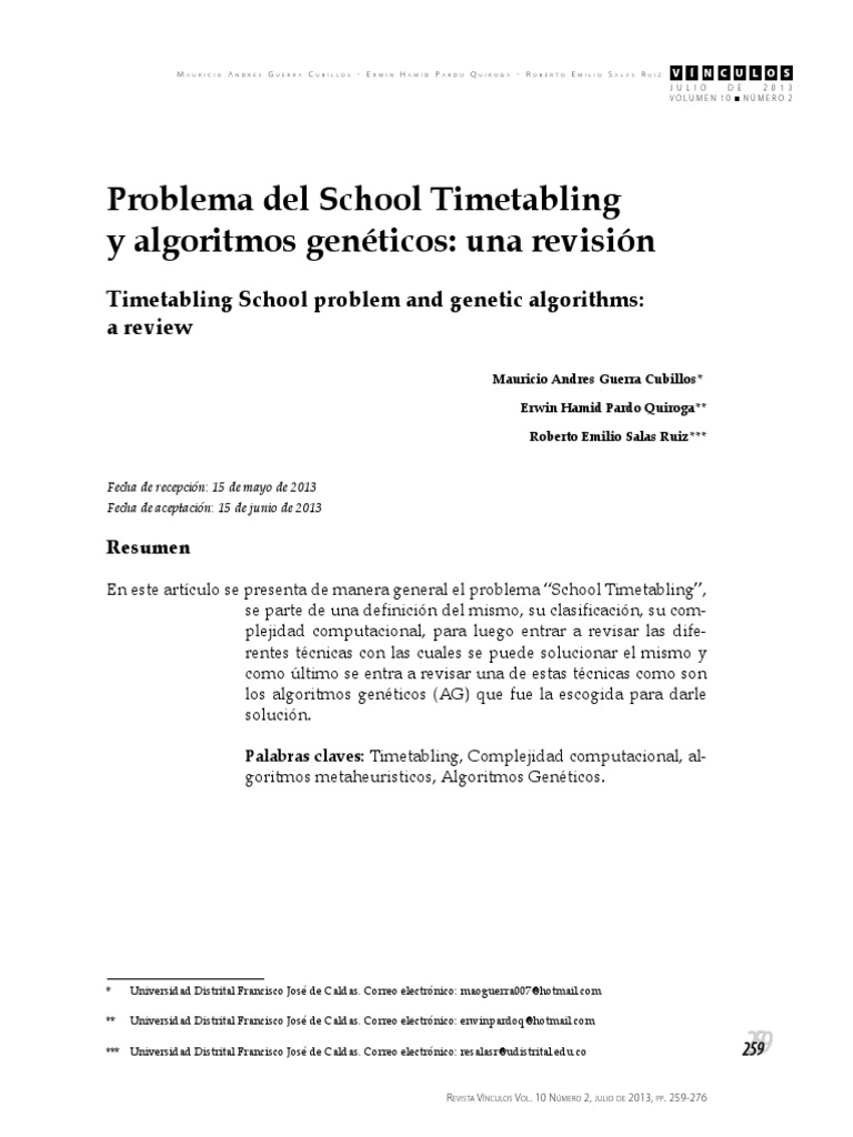 Problema Del School Timetabling y Algoritmos Geneticos | PDF | Algoritmos | Informática teórica