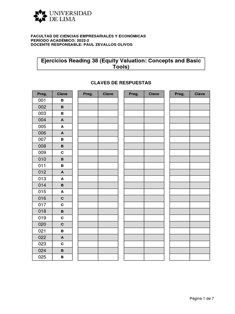 2022-2 GI2 - Ejercicios Equity - Equity Valuation (Solucionario) | PDF
