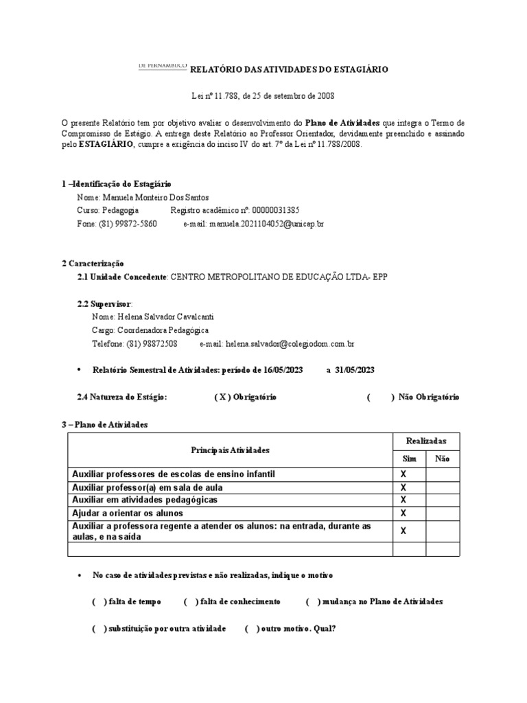 Documento Do Estágio | PDF | Pedagogia | Estágio