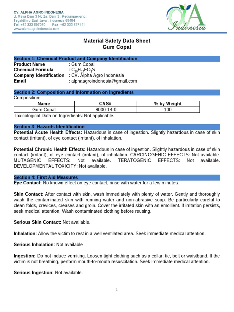 MSDS Gum Copal Alpha Agro Indonesia | PDF