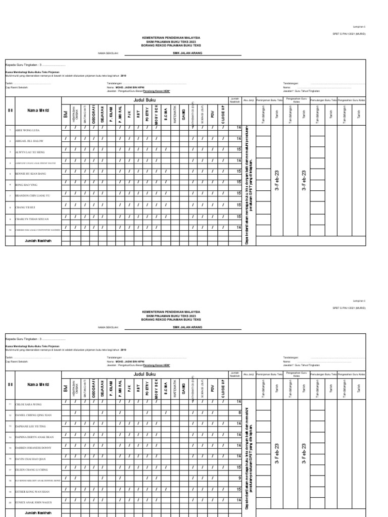 Borang SPBT G Tingkatan Tiga F | PDF