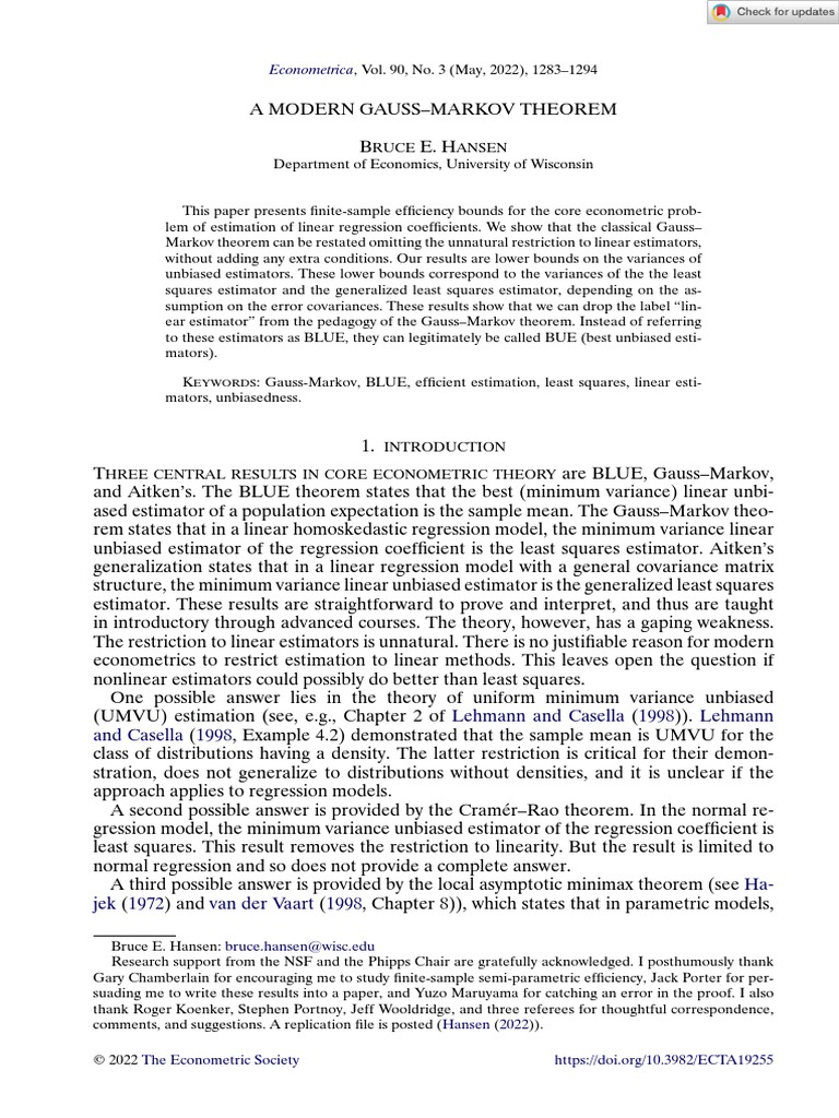 Econometrica - 2022 - Hansen - A Modern Gauss Markov Theorem | PDF | Ordinary Least Squares ...