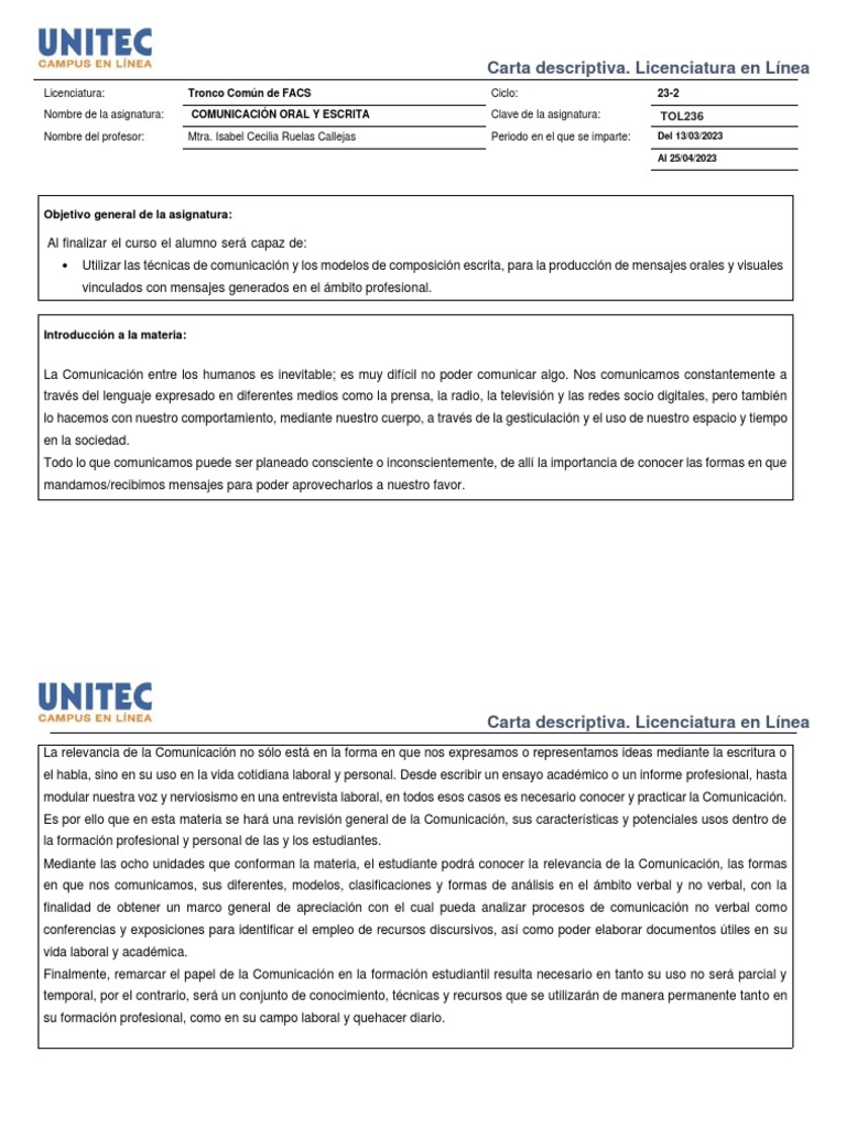 Carta descriptiva - Comunicación Oral y Escrita - Isabel Cecilia R. C ...
