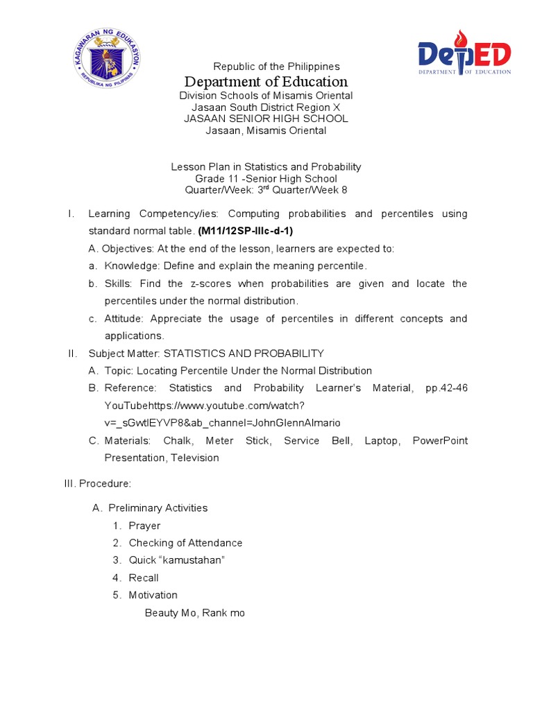 Semi Detailed Lesson Plan | PDF | Percentile | Learning