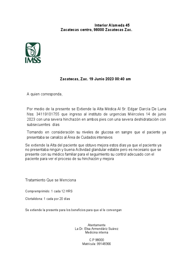 Alta médica de Edgar García De Luna | PDF | Salud y bienestar