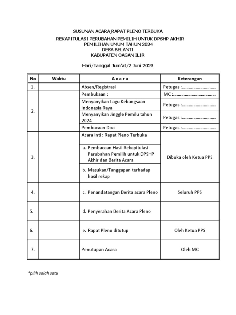Susunan Acara Rapat Pleno DPSHP Akhir | PDF