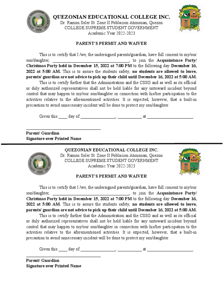 Acquaintance Parents Students Waiver | PDF