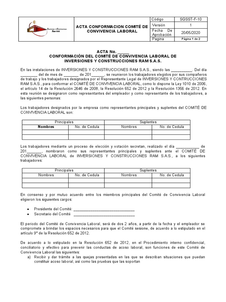 7. ACTA CONFORMACION COMITE DE CONVIVENCIA LABORAL | PDF | Gobierno