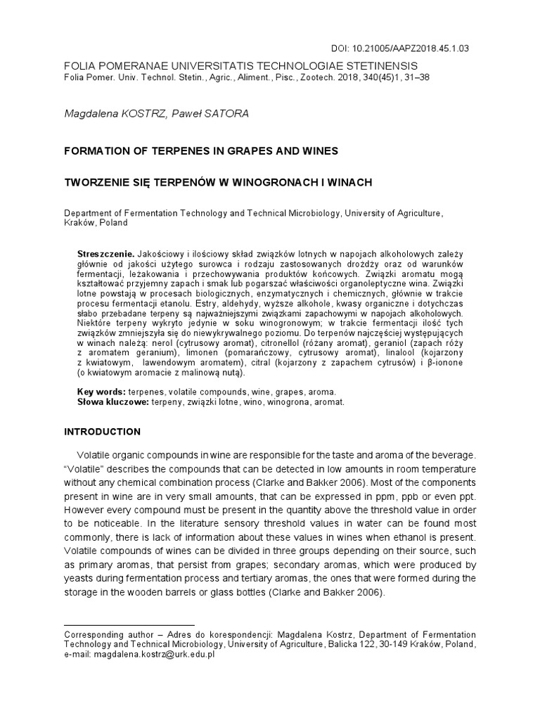 Formation of Terpenes in Grapes and Wine-3 | PDF