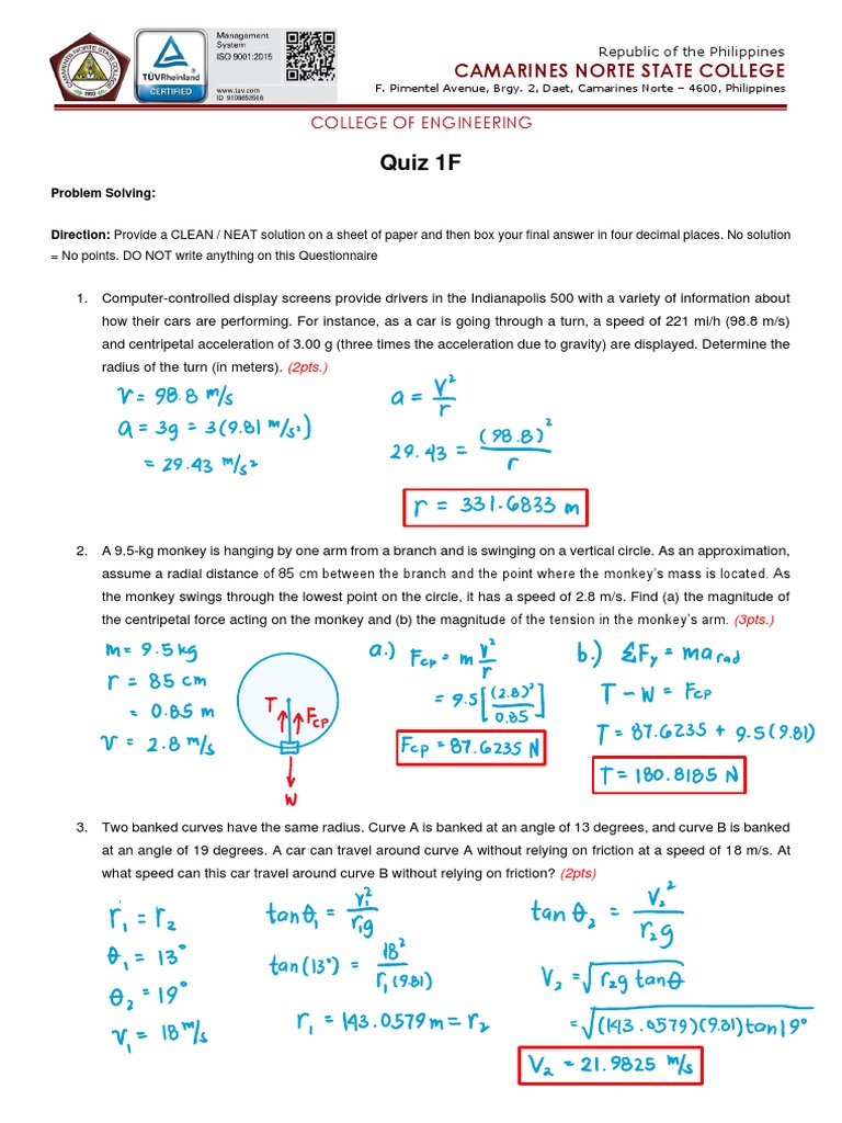 Quiz 1f-A Answerkey | PDF | Force | Friction