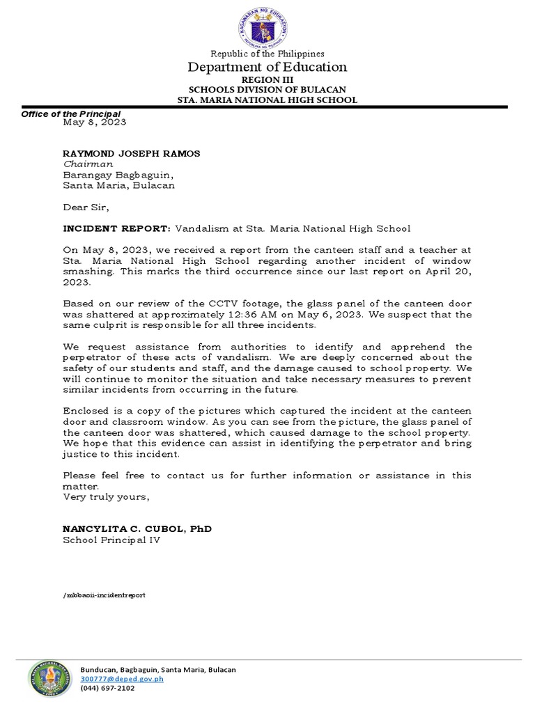Vandalism Incident Report at School | PDF