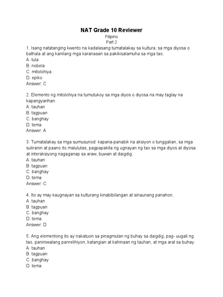 NAT Grade 10 Reviewer (Filipino) Part 1-2 | PDF