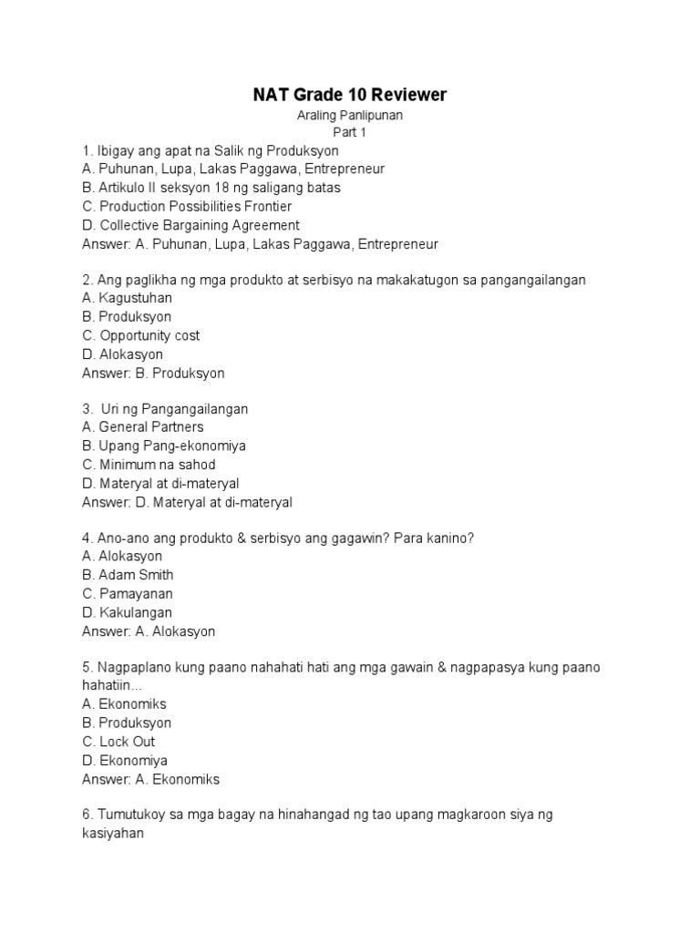 NAT Grade 10 Reviewer (Araling Panlipunan) Part 1 | PDF