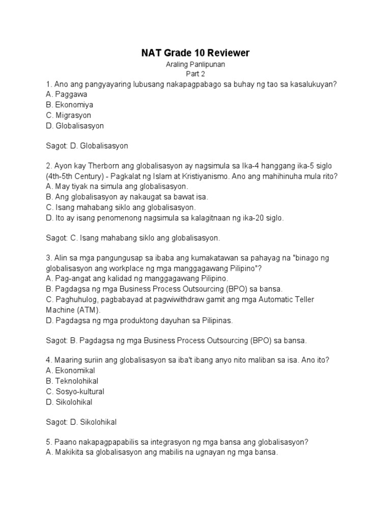 NAT Grade 10 Reviewer (Araling Panlipunan) Part 2 | PDF
