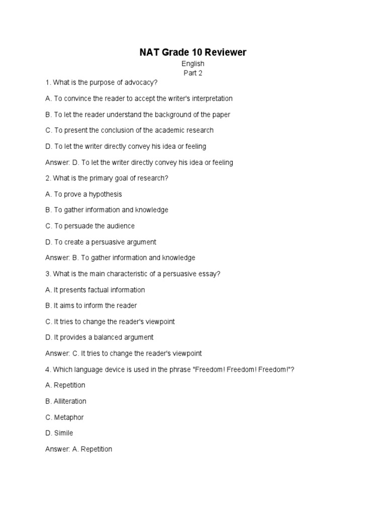 NAT Grade 10 Reviewer (English) Part 2 | PDF | Essays | Human Communication
