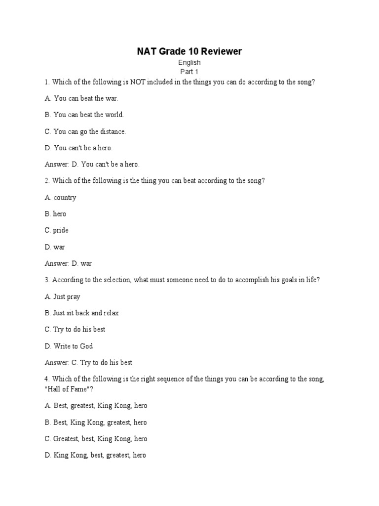 NAT Grade 10 Reviewer (English) Part 1 | PDF