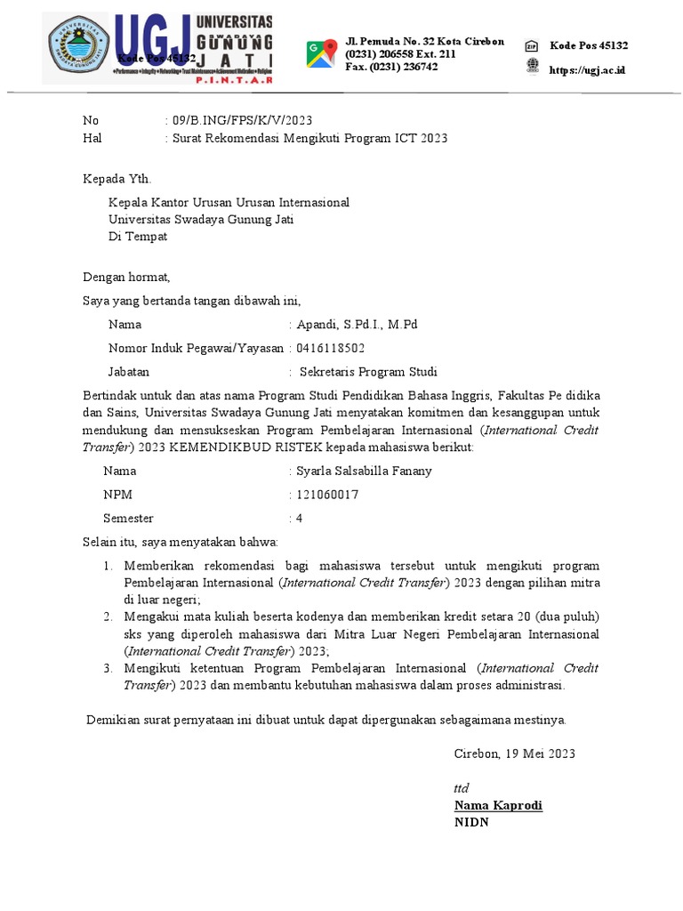 Template - Surat Rekomendasi Prodi Syarla | PDF Template - Surat Rekomendasi Prodi Syarla | PDF