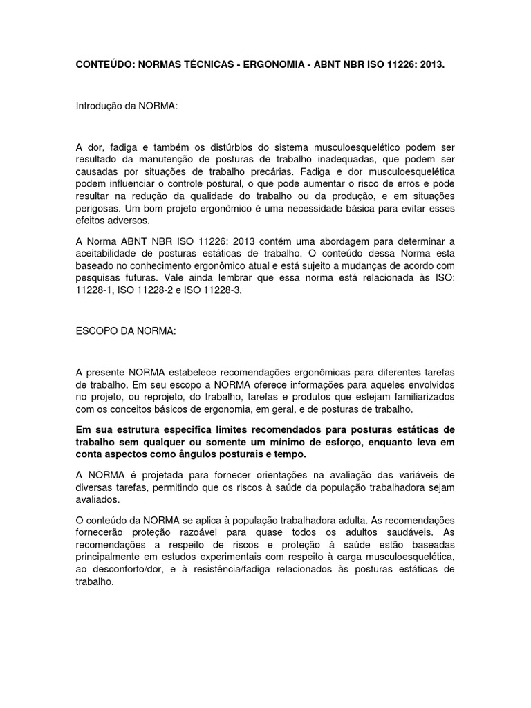 Abnt NBR Iso 11226 | PDF | Fatores humanos e Ergonomia | Cotovelo