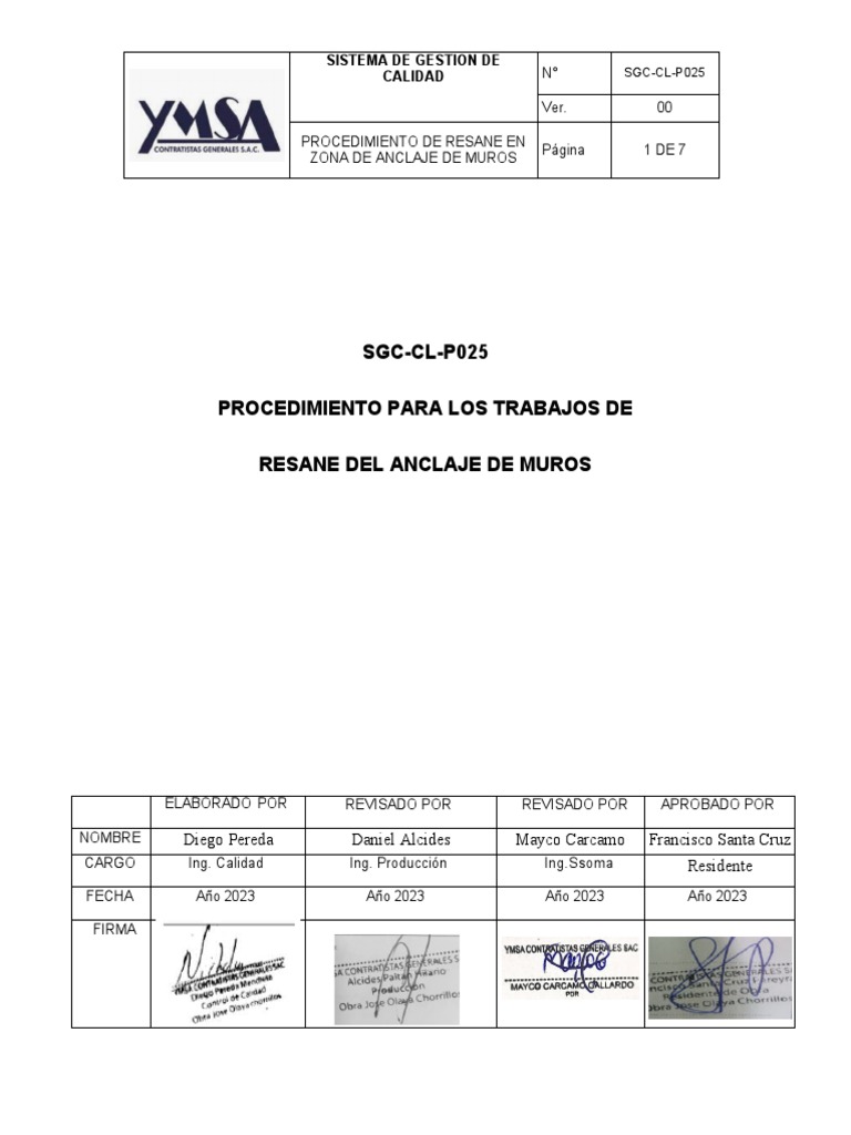 SGC-CL-P25 Procedimiento de Resane en Zona de Anclaje de Muros | PDF