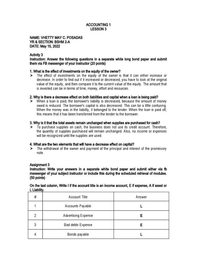 Accounting 1 - Lesson 3 | PDF | Expense | Equity (Finance)