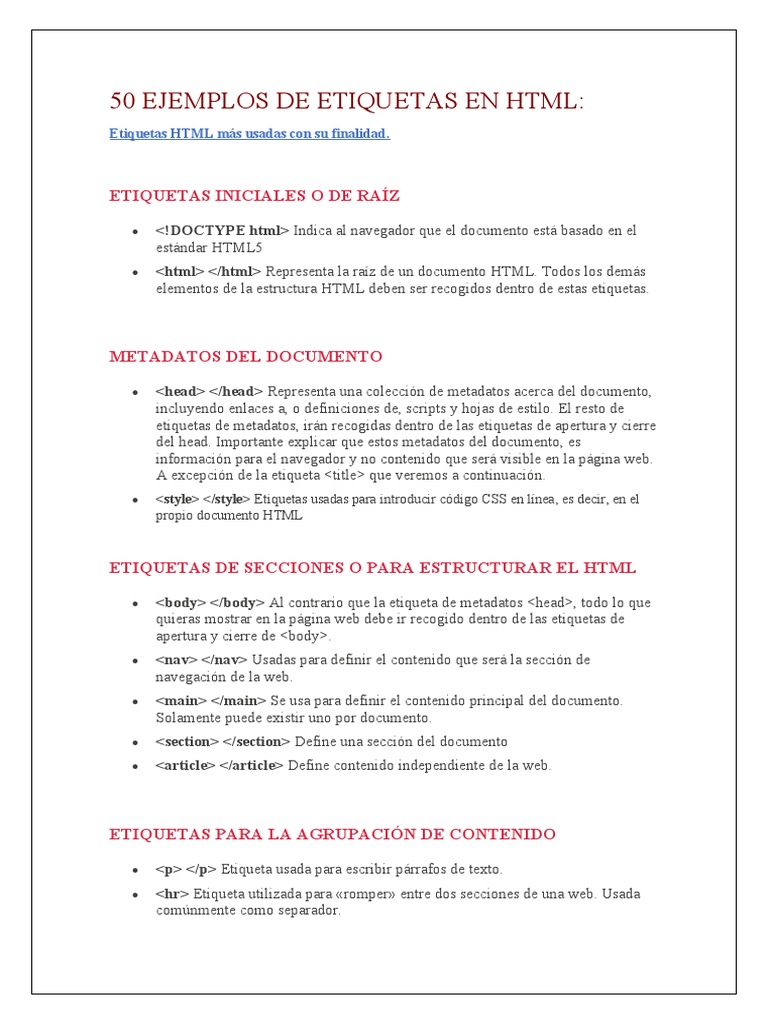 50 Ejemplos de Etiquetas en HTML | PDF | HTML | Página web
