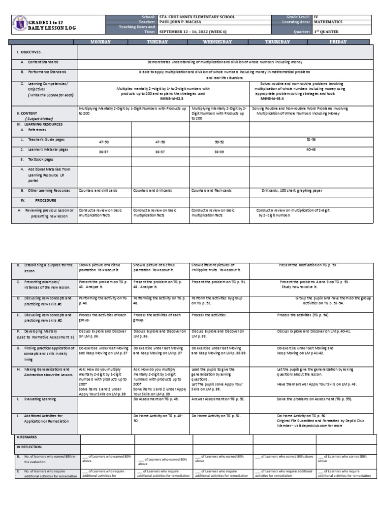 DLL - Mathematics 4 - Q1 - W4 | PDF | Learning | Multiplication