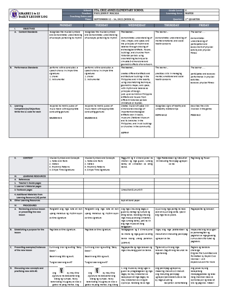 DLL - Mapeh 5 - Q1 - W4 | PDF | Learning | Cognitive Science