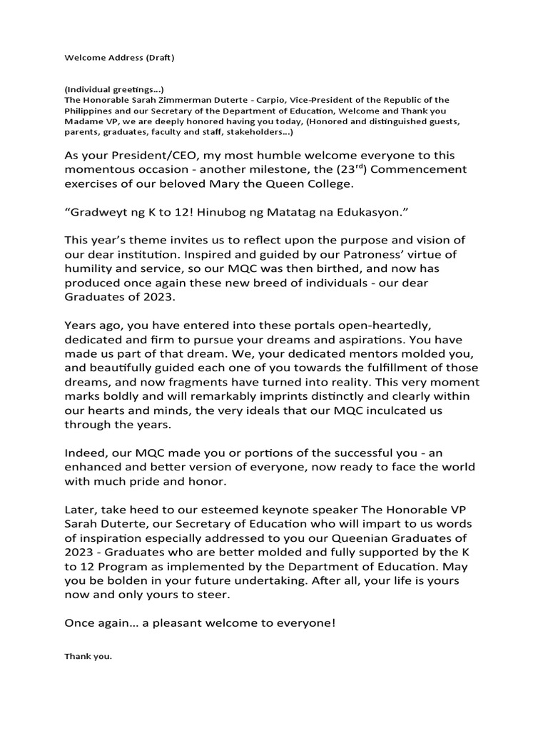 Welcome Address (Draft) | PDF